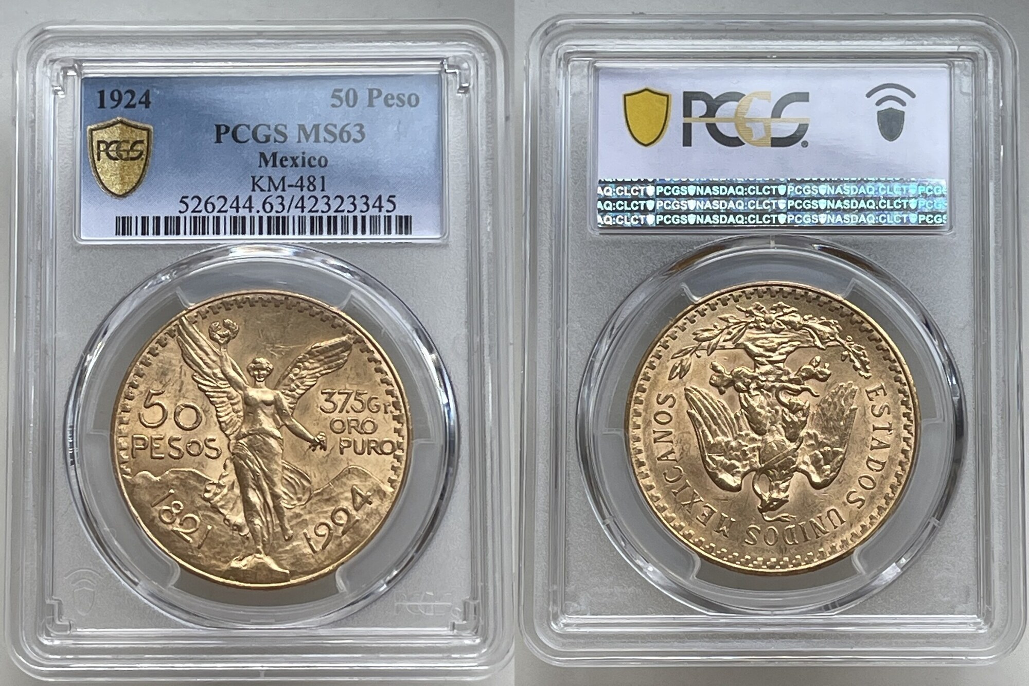 Mexico Centenario 1924 Gold Coin 50 Pesos PCGS MS63 | MA-Shops