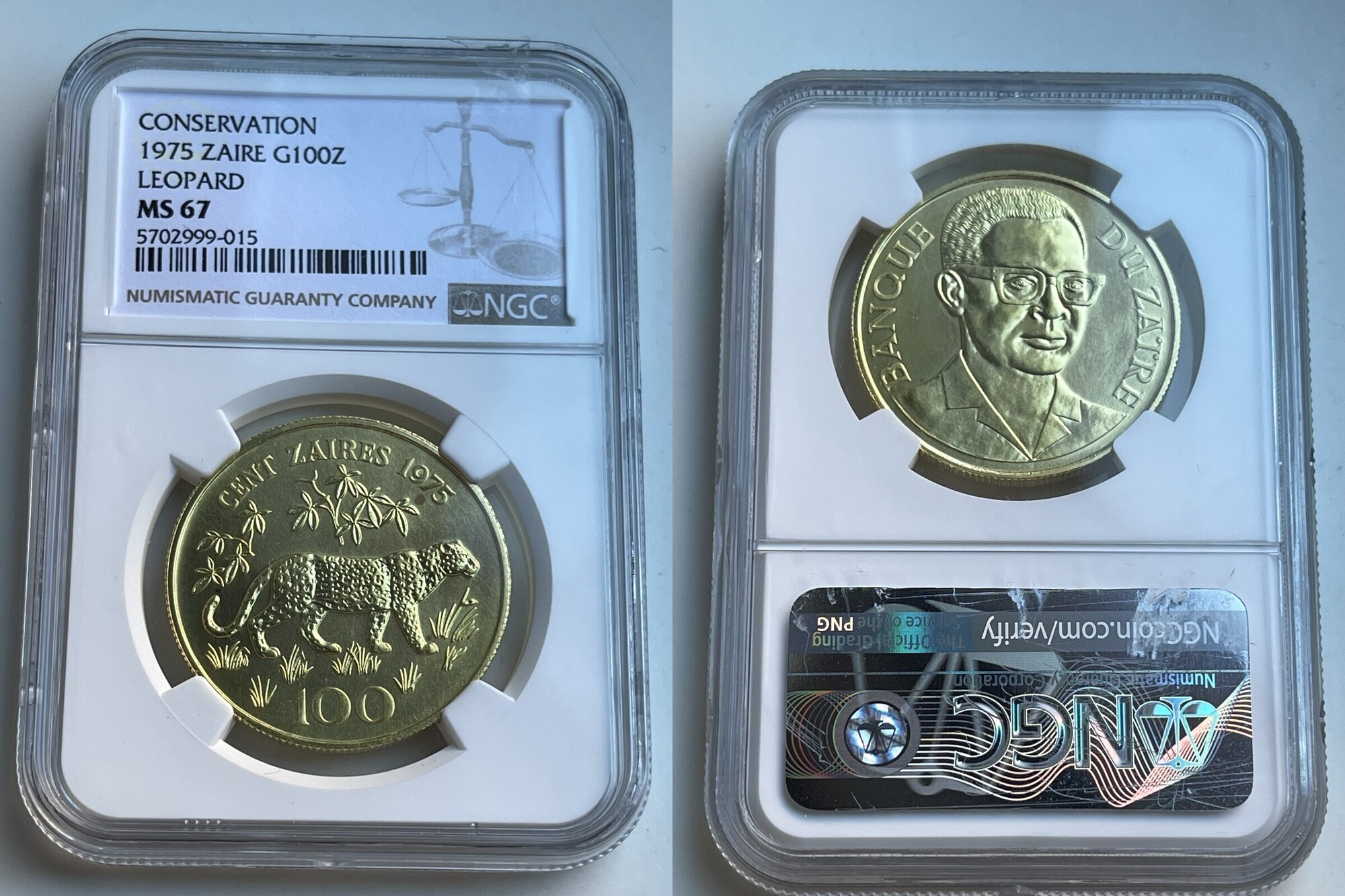 G100Z Zaire 1975 100 Zaires WWF Leopard NGC MS 67 | MA-Shops