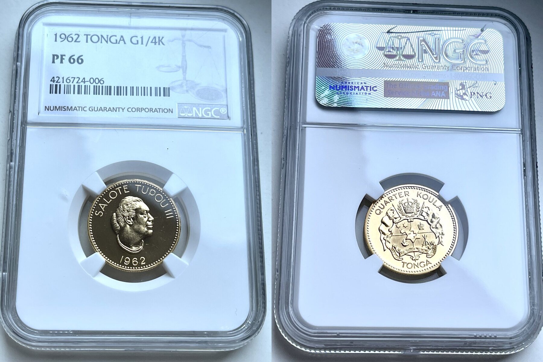 G1/4K Tonga – Queen Salote Tupou III – 1/4 Koula – 1962 NGC PF 66 | MA ...