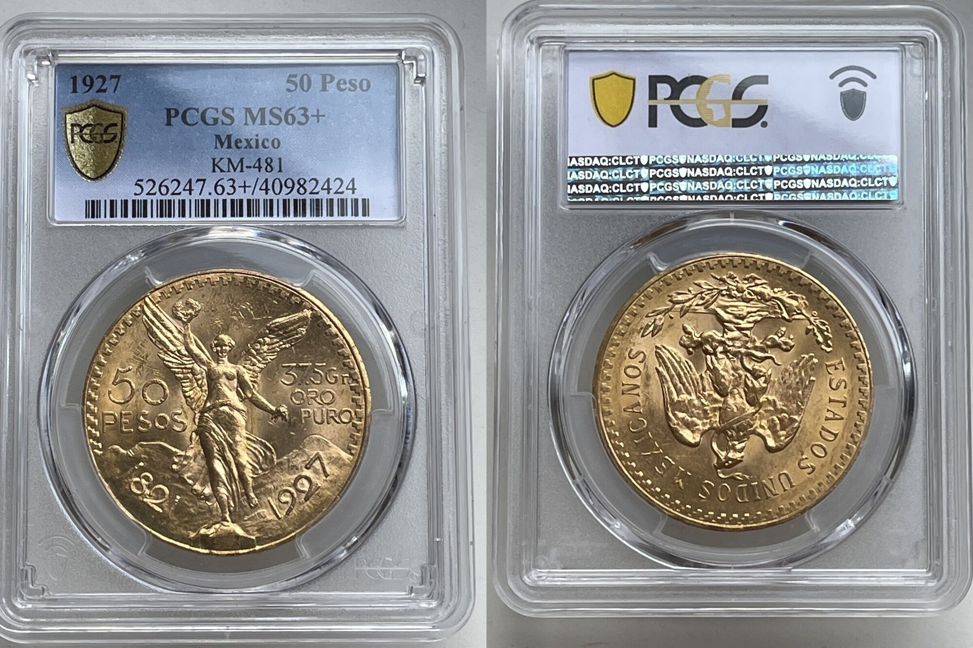 Mexico Centenario 1927 gold coin 50 Pesos PCGS MS63+ | MA-Shops
