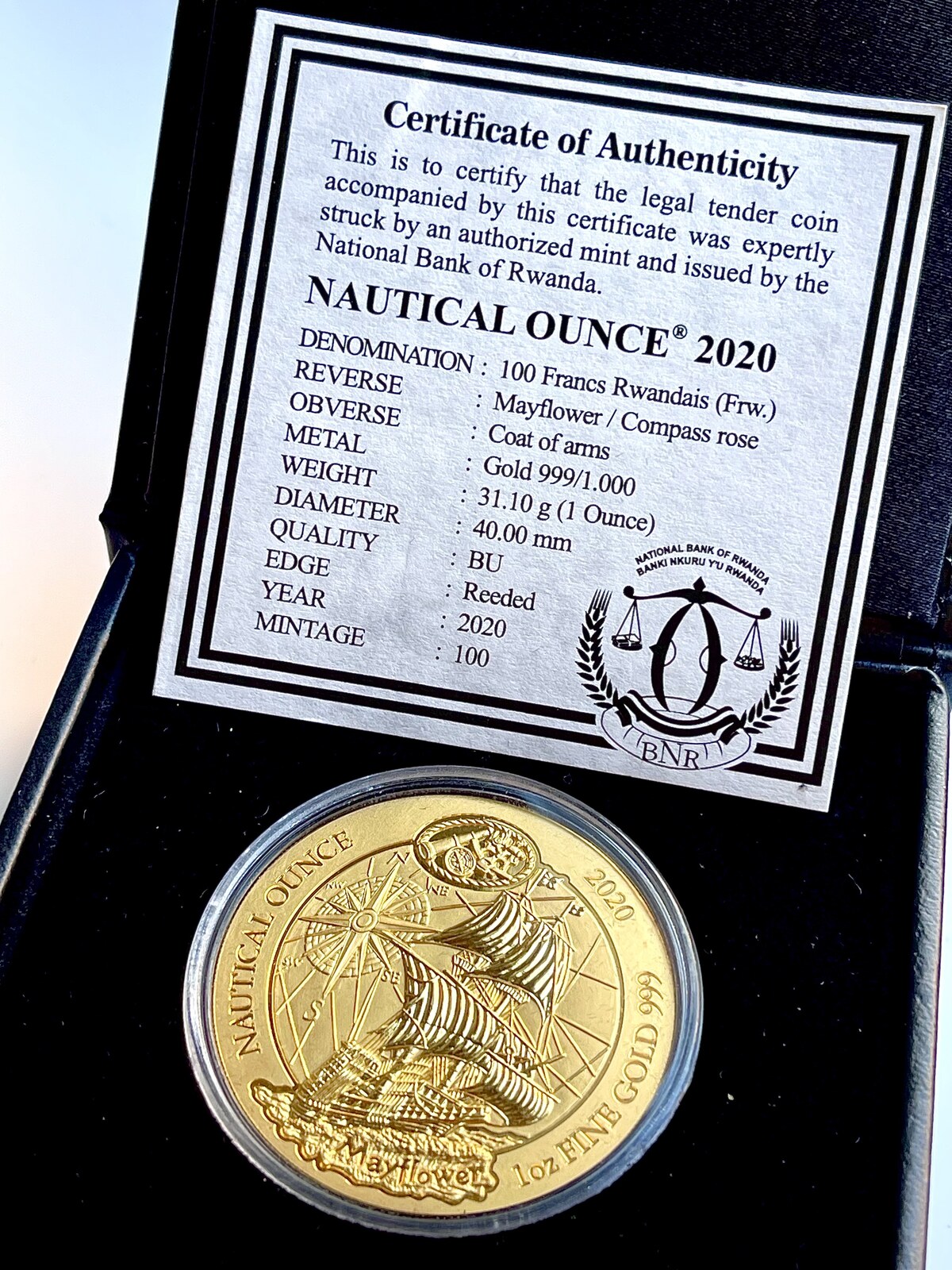 Ruanda 100 RWF Rwanda Nautical Ounce Mayflower 1oz Gold 2020 Proof | MA ...