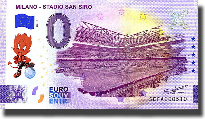 0 Euro Souvenir Banknote Milano Stadio San Siro Diavolo Milan Colour ...
