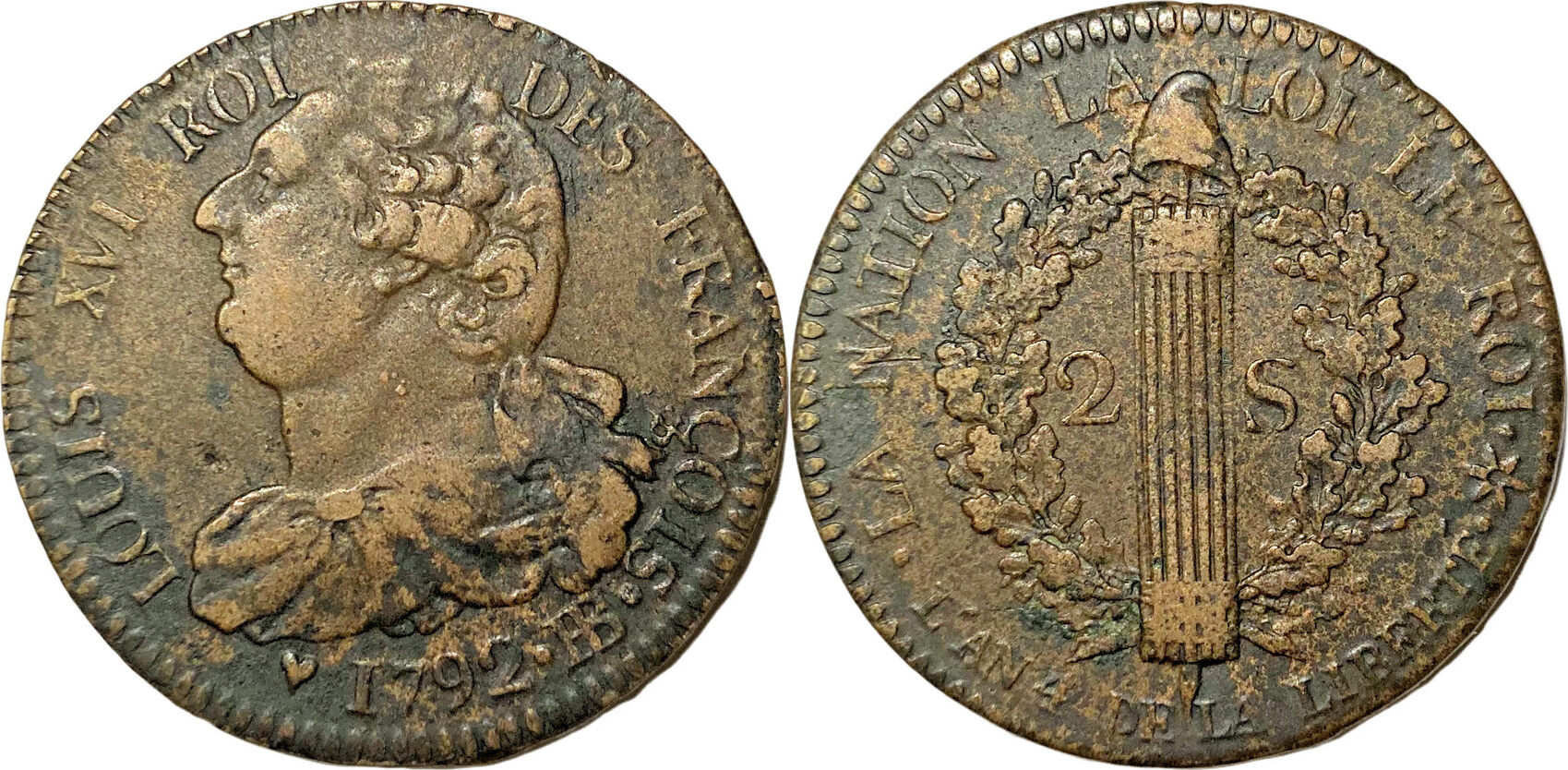 Frankreich 2 sols 1792 Constitution (1791-1792) Louis XVI François ...