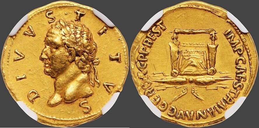 Antike Aureus Titus restitué par Trajan (107 ap J.C. ?). Sous coque NGC ...