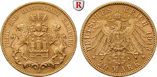 Hamburg 1913 J 20 Mark 1913, J. Gold. Jaeger 212. current price. good ...