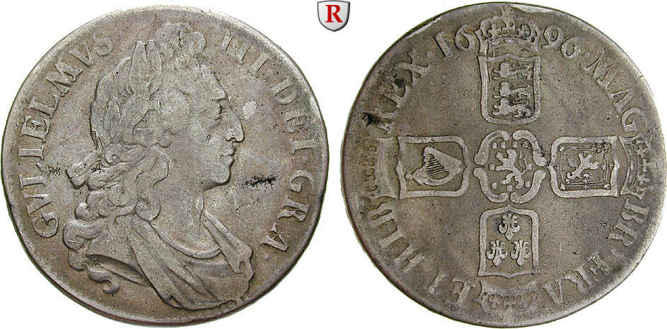 Great Britain Crown 1696 William III, 1694-1702 nearly very fine, flan ...