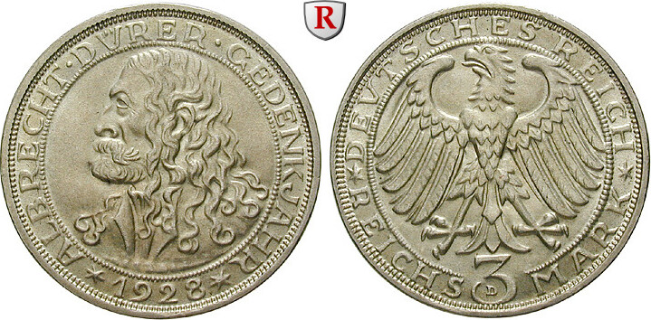 Commemoratives 3 Reichsmark 1928 nearly uncirculated, tiny edge marks ...