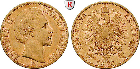 Bayern 1872 D Ludwig II., 1864-1886, 20 Mark 1872, D. Gold. Jaeger 194 ...