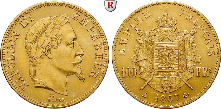 France 100 Francs 1867 Napoleon III, 1852-1870, Gold, 32,25 g extremely ...