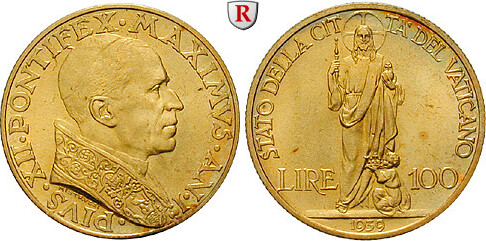 Vatican 100 Lire 1939 Pio XII, 1939-1958, Gold, 5,2 g extremely fine | MA-Shops