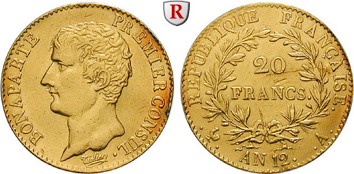 France 20 Francs 1803-1804 (AN 12) Napoleon I (Emperor), 1804-1815, Gold, 6,42 g very fine ...