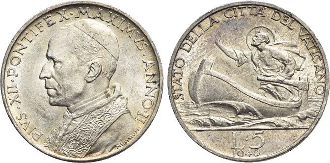 Italien-Vatikan 5 Lire 1940 Pius XII. 1939-1958. CH UNC | MA-Shops