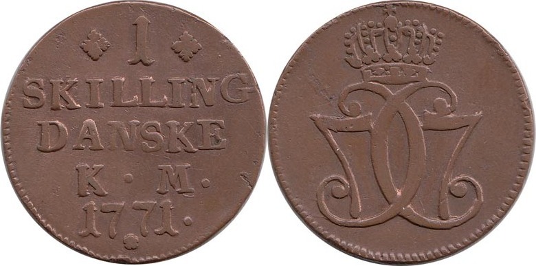 Denmark / Dänemark 1 Skilling 1771 Christian VII 1766 - 1808 Very Fine+ ...