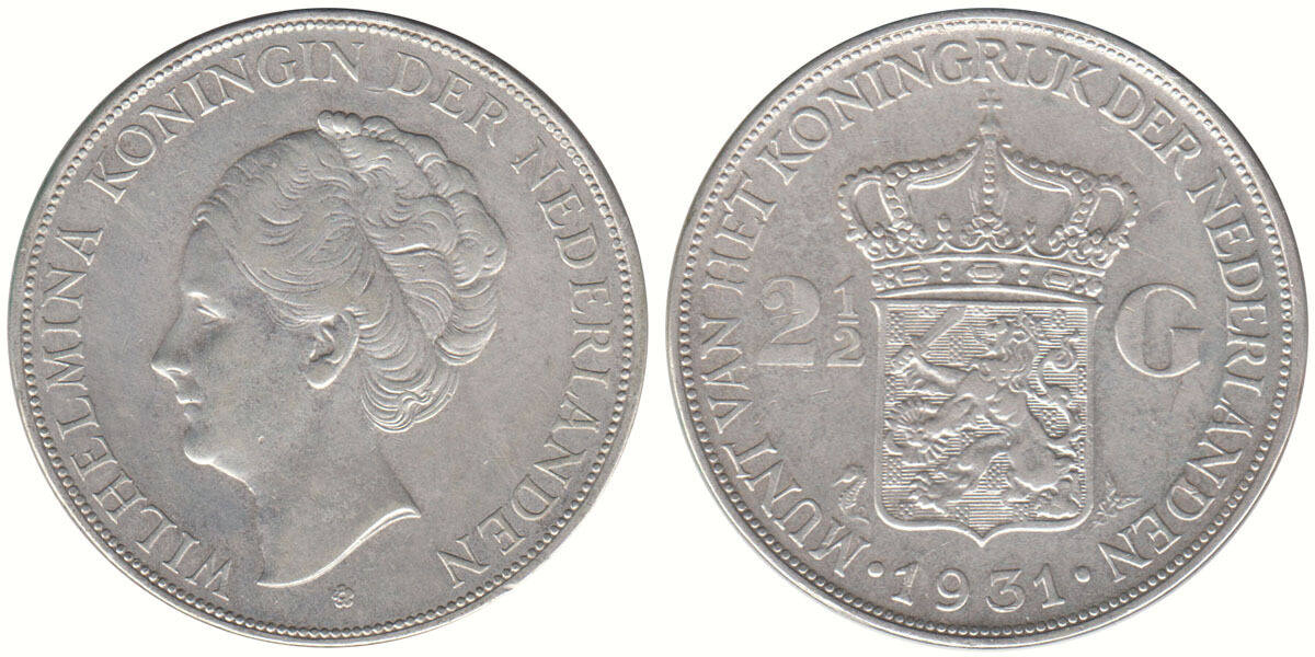 Nederland Koninkrijk 2½ Gulden / Rijksdaalder 1931 Wilhelmina 1890 ...
