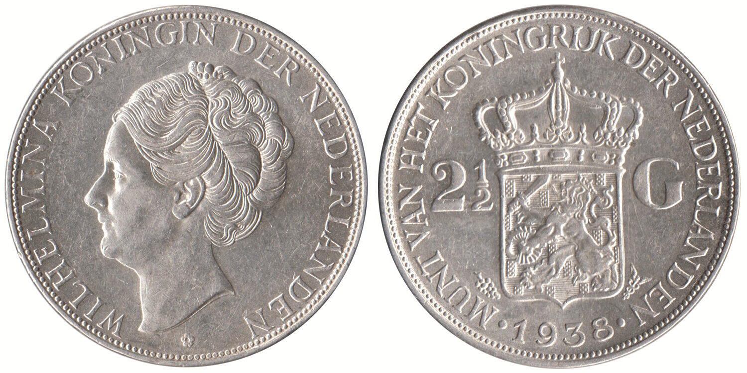 Nederland Koninkrijk 2½ Gulden / Rijksdaalder 1938 Grof Haar Wilhelmina ...