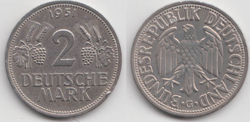 Duitsland 2 Mark 1951 G Ähren. SMALL EDGE NICK! Vf | MA-Shops