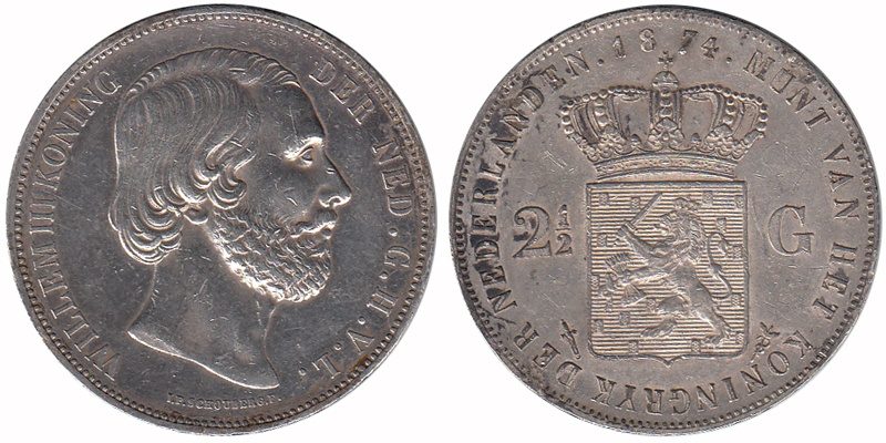 Nederland Koninkrijk 2½ Gulden / Rijksdaalder 1874 I Willem III 1849 ...