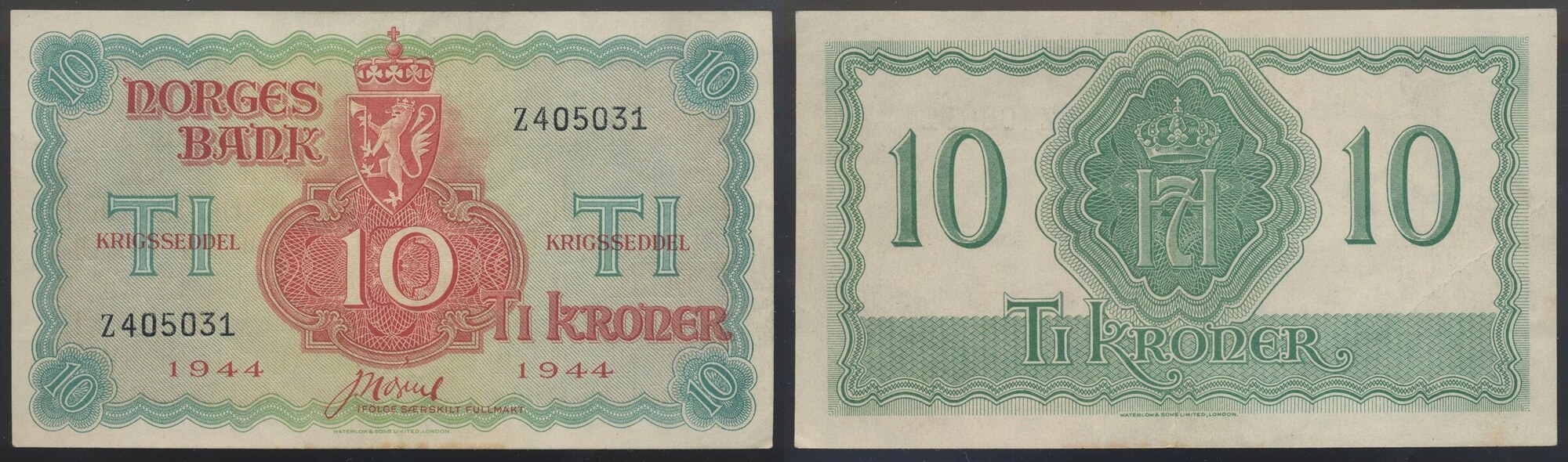 Sedler 10 Kroner 1944 Z London Kv 1+/01 | MA-Shops