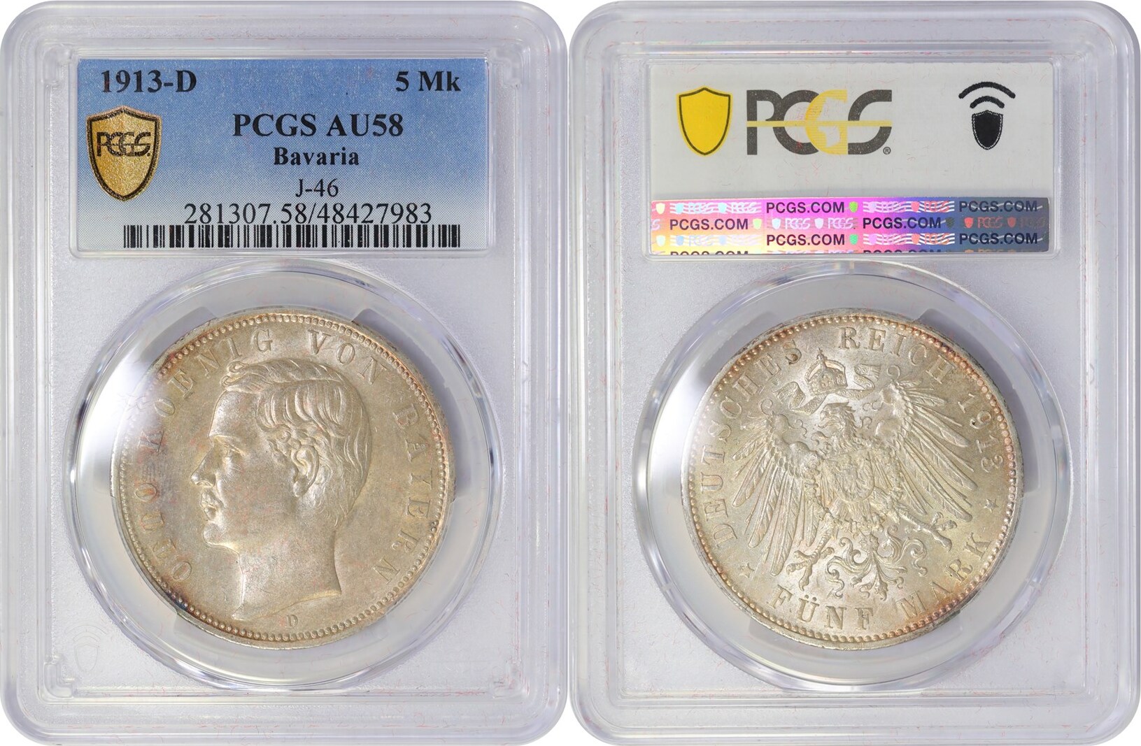 Mynter 5 Mark 1913 D Germany Bavaria PCGS AU58 | MA-Shops