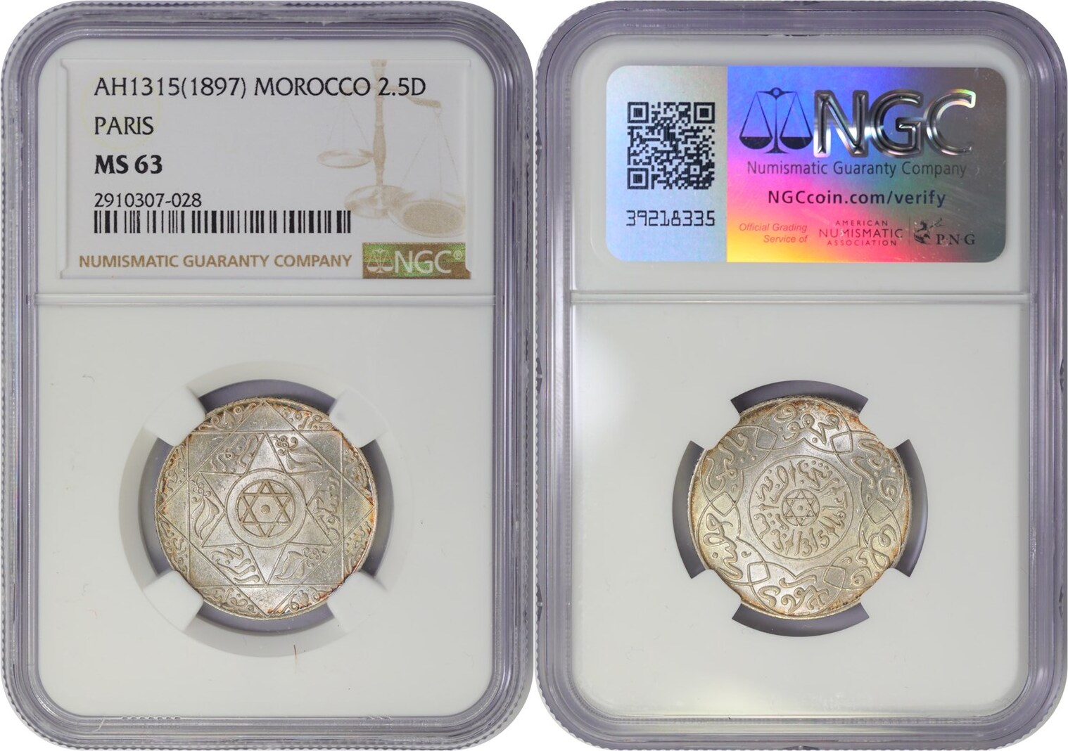 Mynter 2.5 Dirhams 1897 Morocco NGC MS63 | MA-Shops