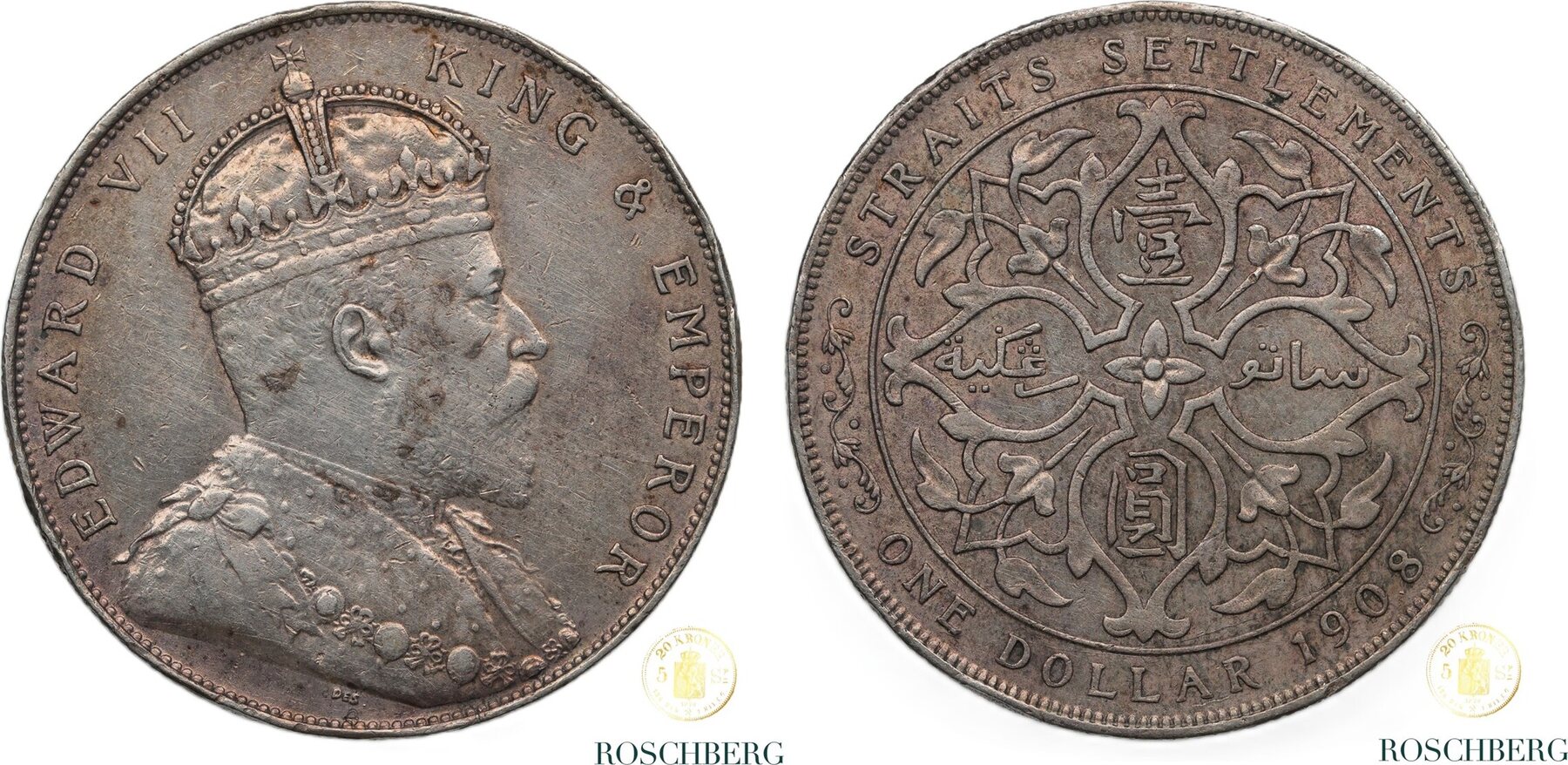 Mynter 1 Dollar 1908 Straits Settlements Kv VF | MA-Shops