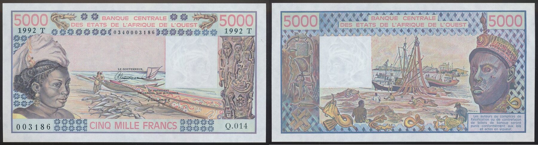 Sedler 5000 Francs 1992 T West African States Togo Kv 0/01 | MA-Shops