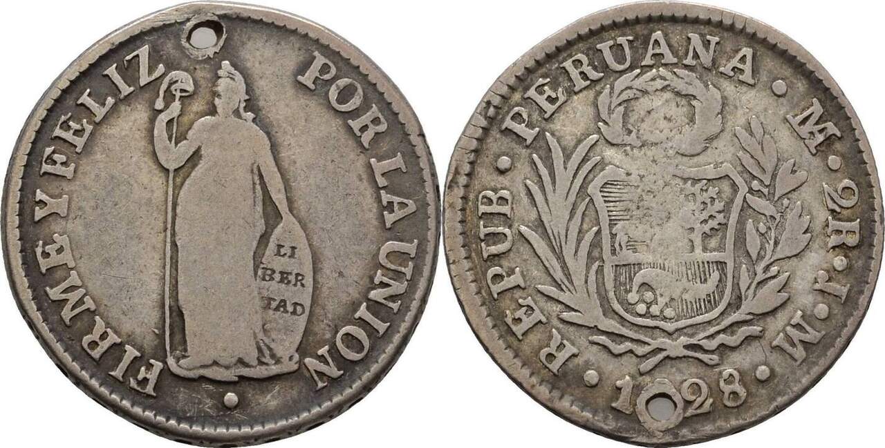 Peru Lima 2 Reales 1828 gelocht, VF- / VF | MA-Shops