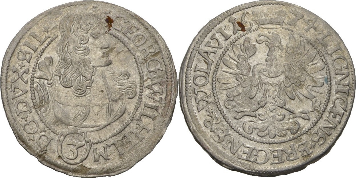 Schlesien Liegnitz Brieg 3 Kreuzer 1674 Georg Wilhelm, 1672-1675. EF ...