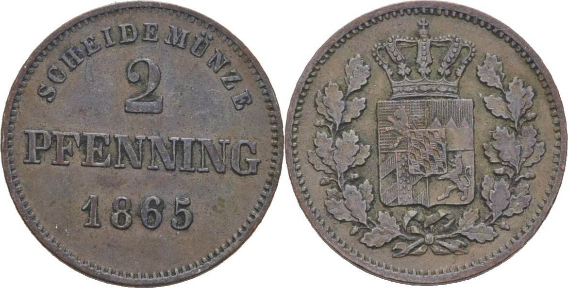 Bayern 2 Pfennige 1865 Ludwig II., 1864-1886 VF | MA-Shops