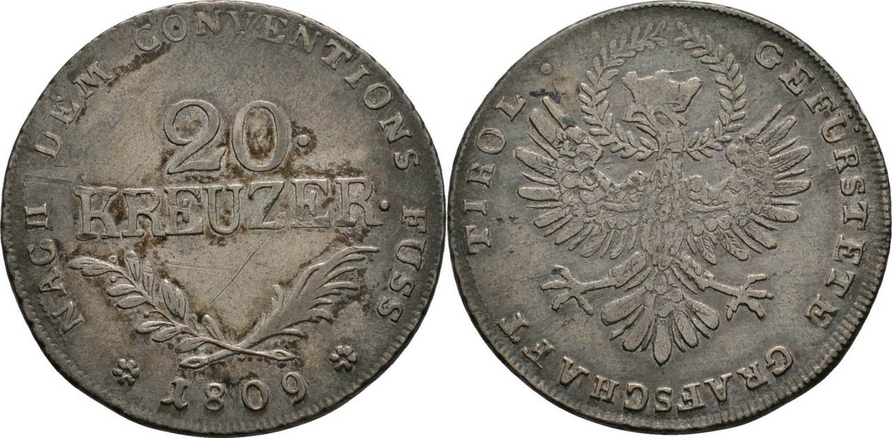 Austria Tirol Hall 20 Kreuzer 1809 Andreas Hofer Justiert, EF | MA-Shops