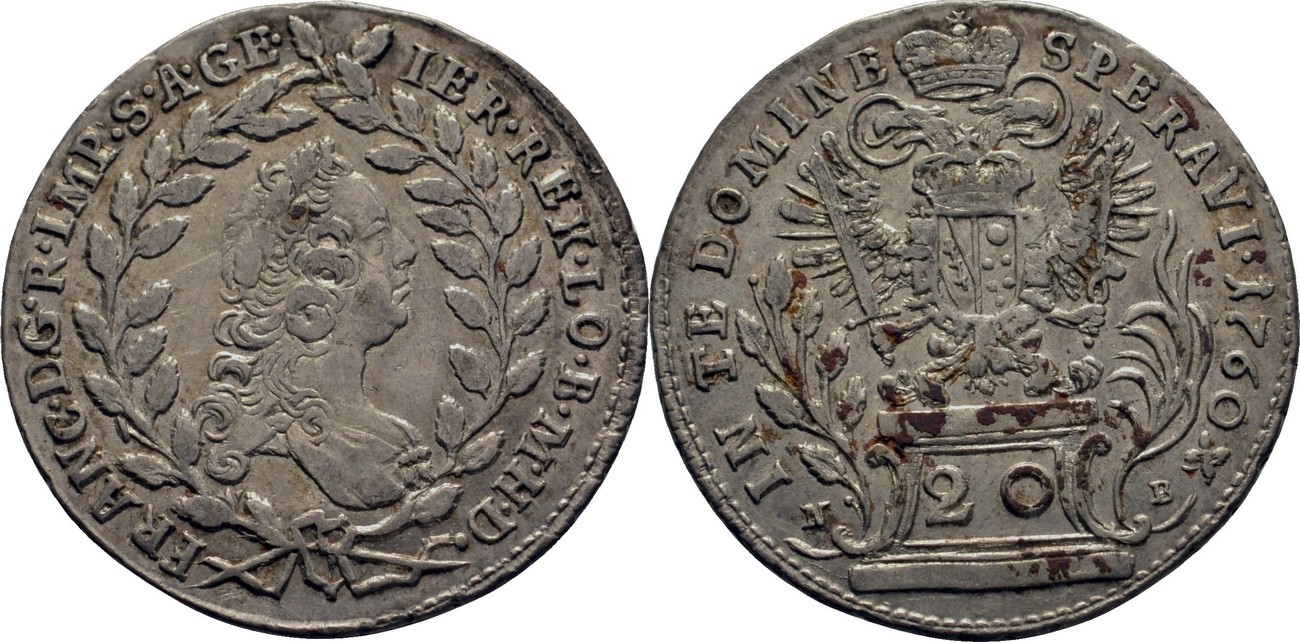 RDR Ungarn Nagybanya 20 Kreuzer 1760 Franz I., 1745-1765 fleckig, EF | MA-Shops