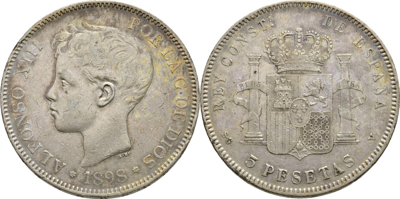 Spanien 5 Peseta 1898 (98) Alfonso XIII. Kratzer, VF | MA-Shops