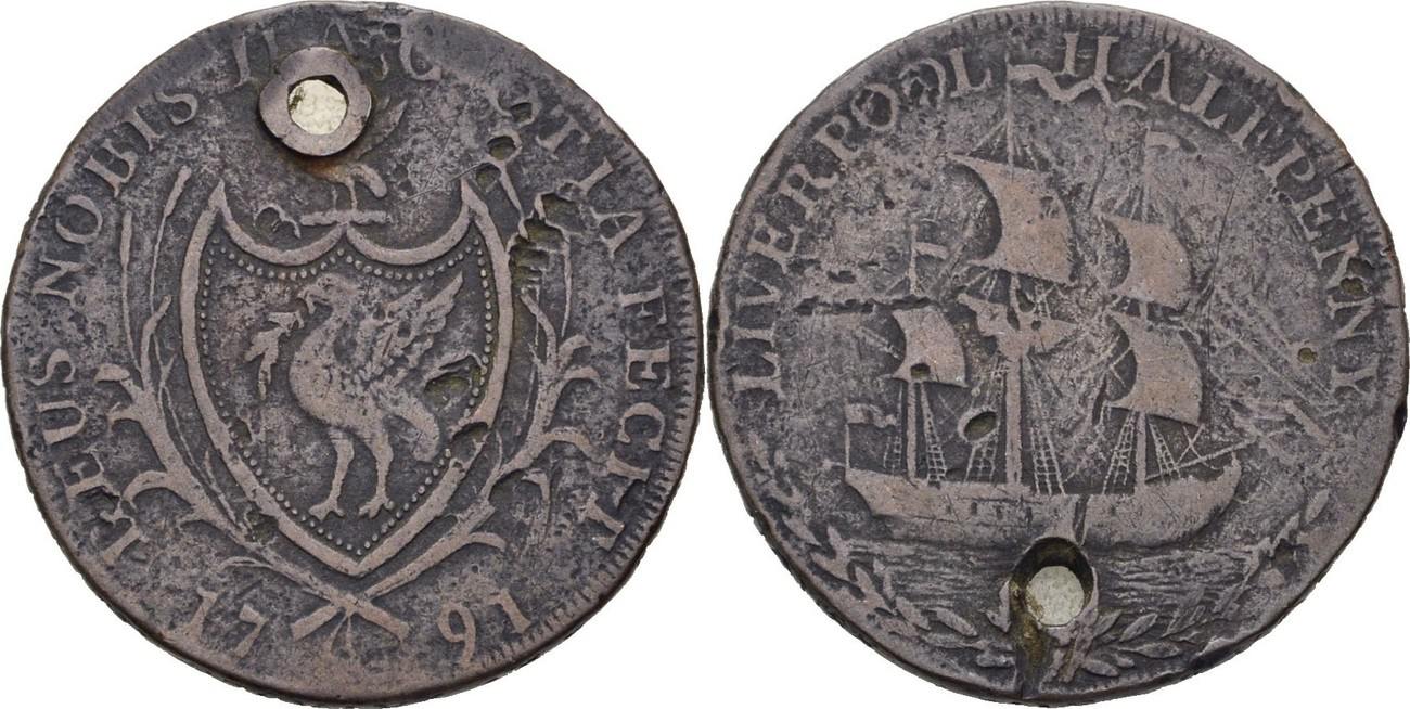 Großbritannien Lancashire Liverpool Halfpenny Token 1791 Gelocht, VF ...