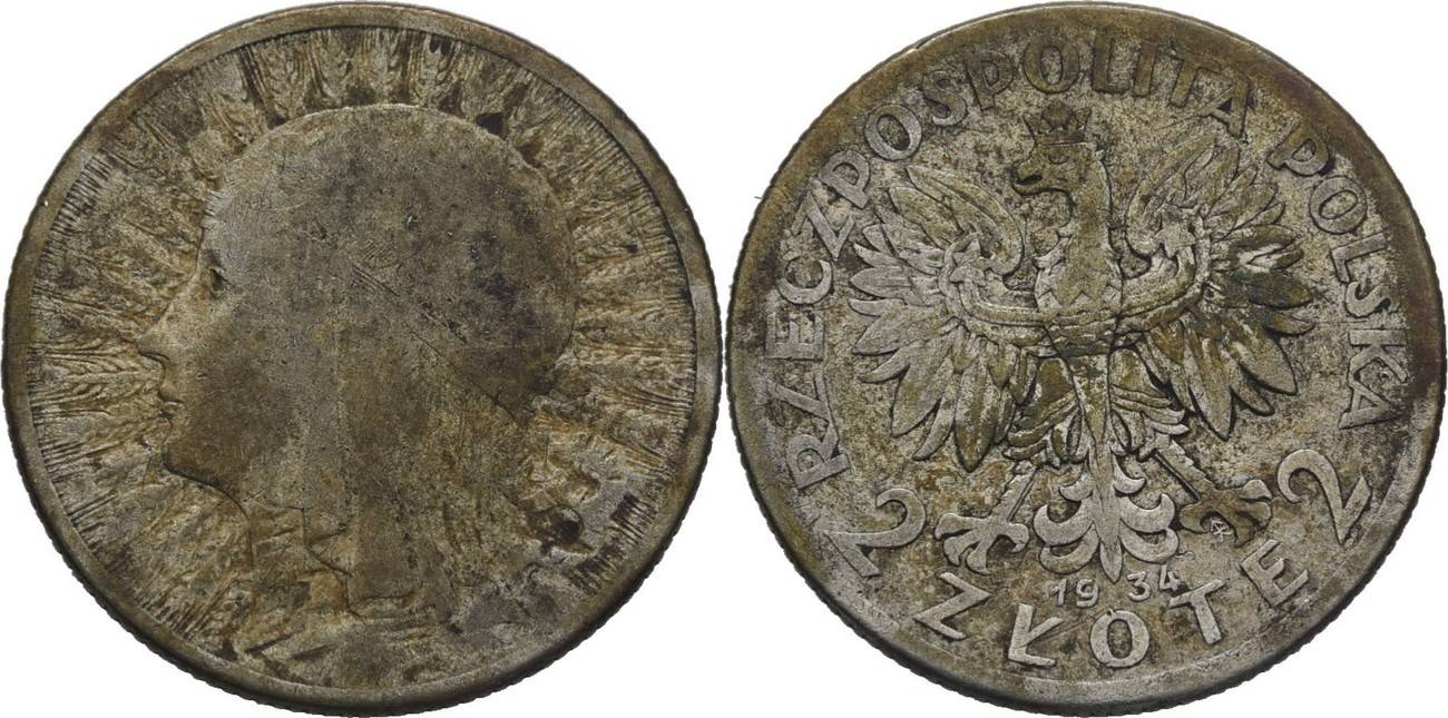 Polen 2 Zlote 1934 Frauenkopf VF | MA-Shops