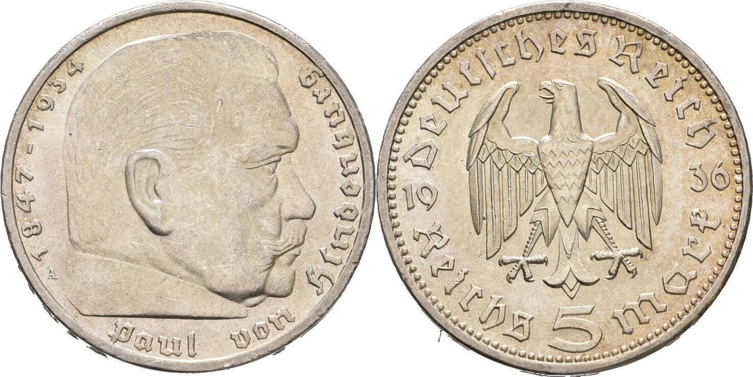 Deutsches Reich 5 Reichsmark 1936 A Hindenburg Kratzer, EF | MA-Shops