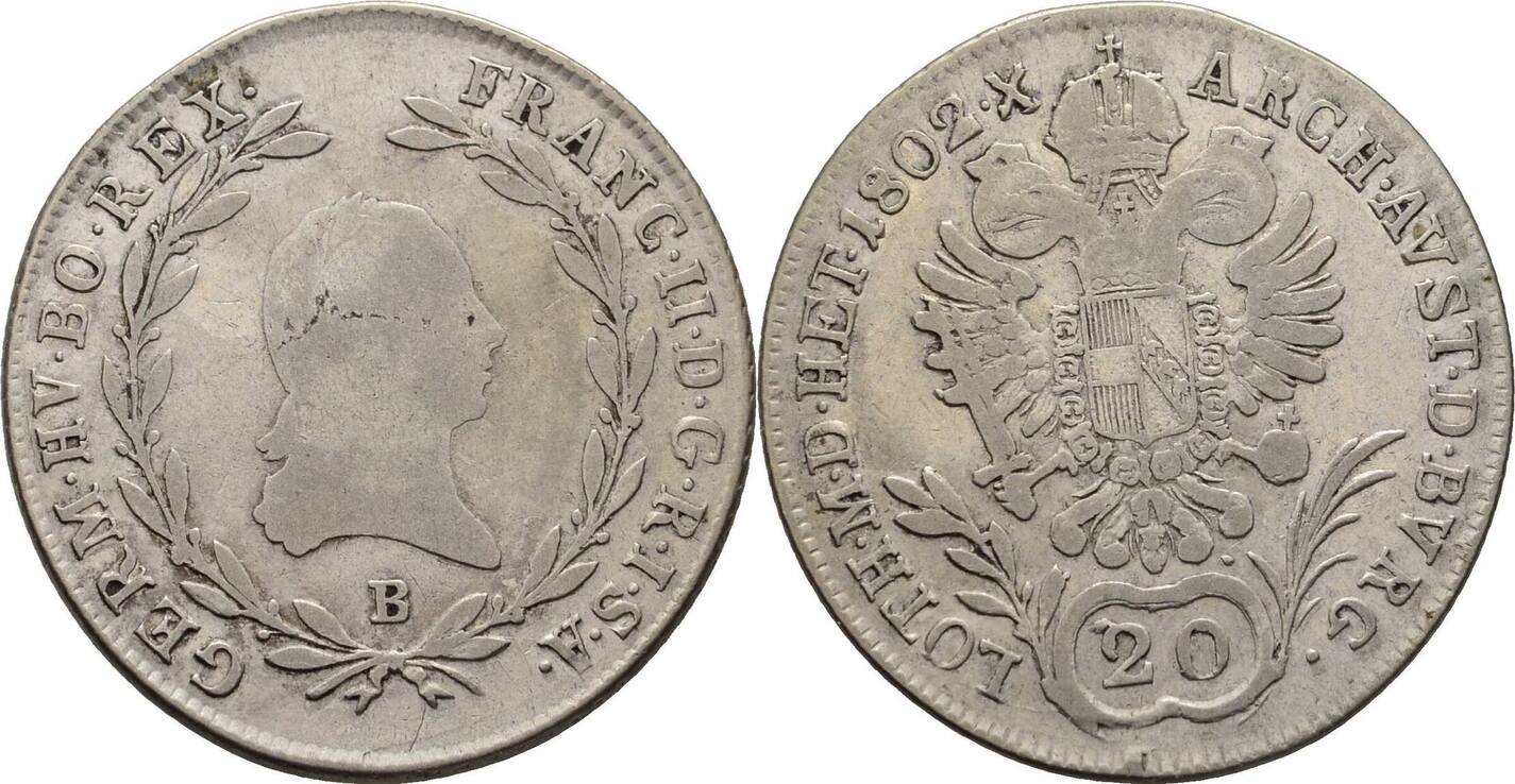 Österreich Ungarn Kremnitz 20 Kreuzer 1802 Franz II. / I., 1792-1835. VF- | MA-Shops