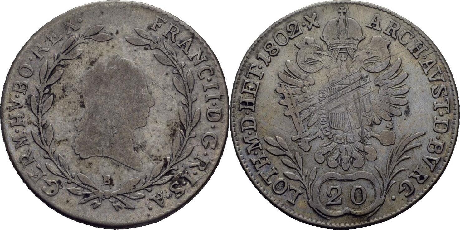 RDR Ungarn Kremnitz 20 Kreuzer 1802 Franz II. / I., 1792-1835. VF- | MA-Shops