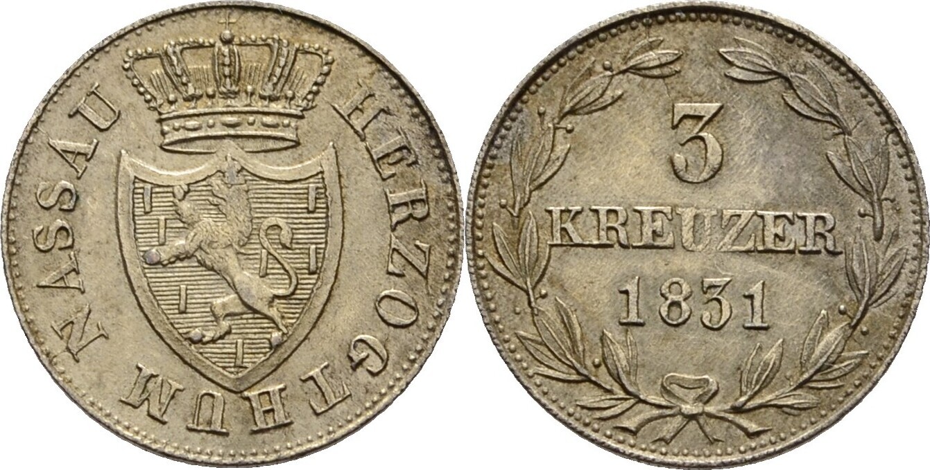 Nassau 3 Kreuzer 1831 Wilhelm, 1816-1839 VF+ | MA-Shops