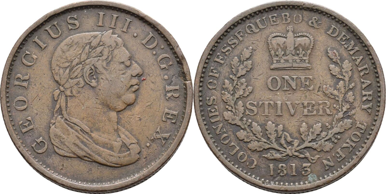 Südamerika Guyana 1 Stiver 1813 Demerara and Essequibo Georgius III. VF ...