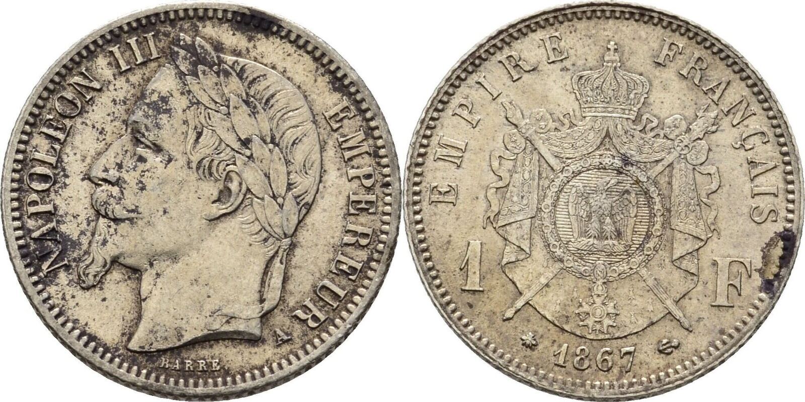 Frankreich 1 Franc 1867 fleckig, VF | MA-Shops