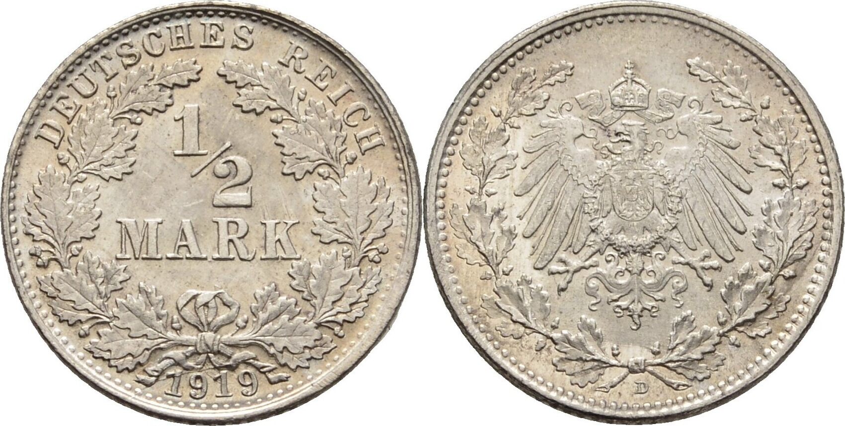 Deutsches Reich 1/2 Mark 1919 D AU | MA-Shops