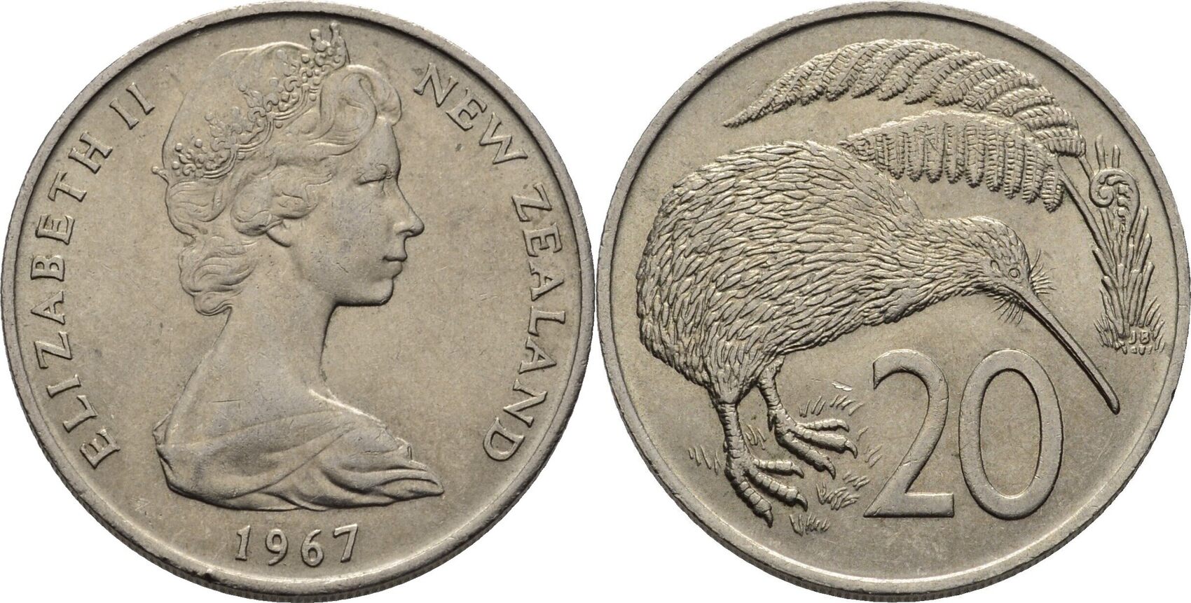 Neuseeland New Zealand 20 Cents 1967 Elizabeth II. kl. Kratzer, EF | MA-Shops