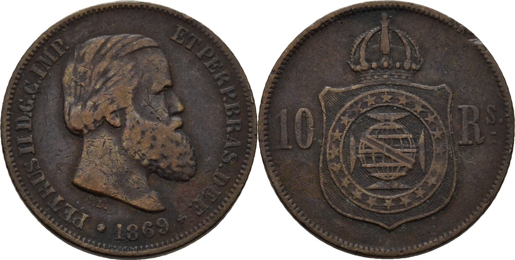 Brasilien 10 Reis 1869 Pedro II. VF | MA-Shops