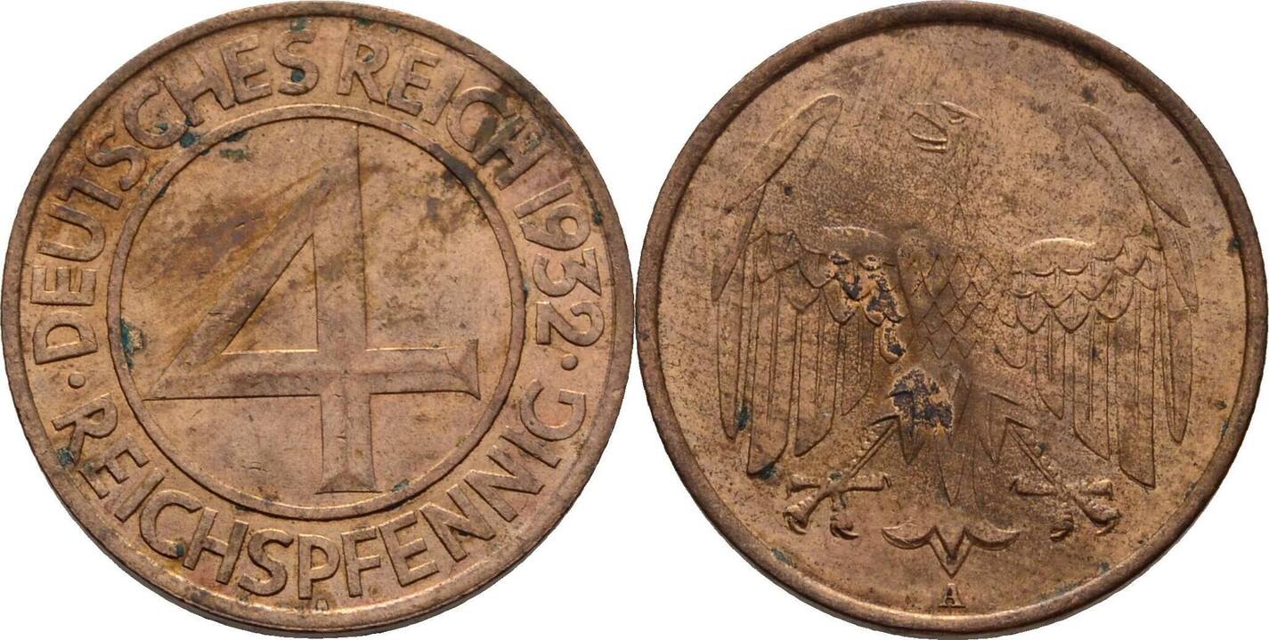 Deutsches Reich 4 Reichspfennig 1932 A fleckig, AU | MA-Shops