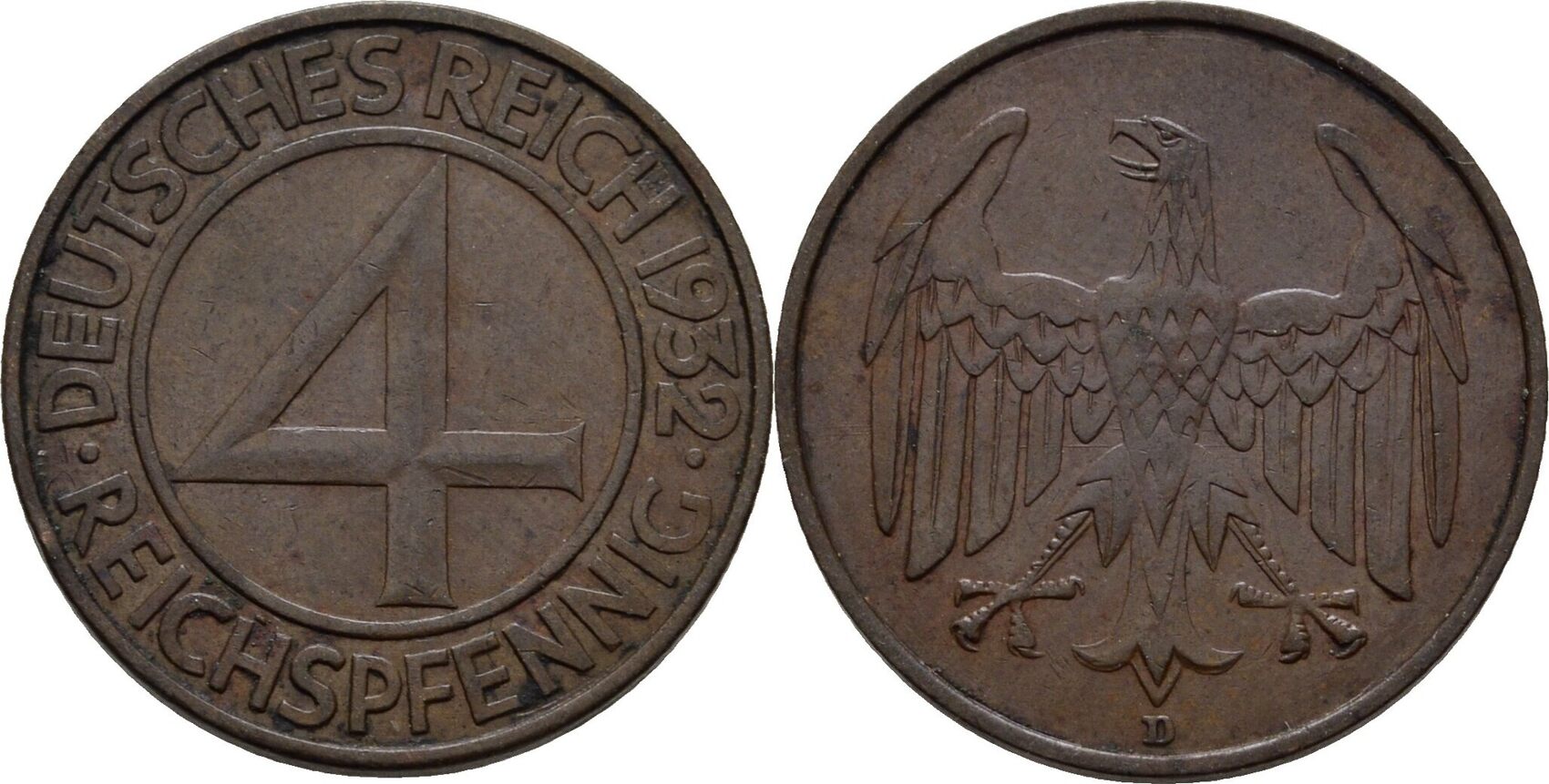 Deutsches Reich 4 Pfennig 1932 D EF | MA-Shops