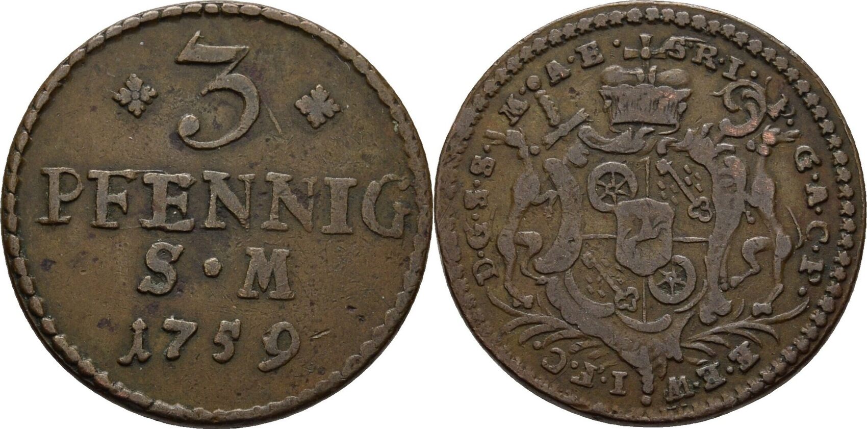 Mainz 3 Pfennig 1759 Johann Friedrich Karl von Ostein, 1743-1763 VF ...