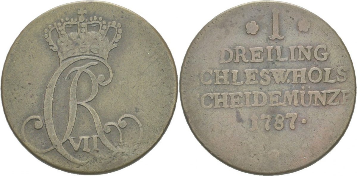 Schleswig Holstein 1 Dreiling 1787 Christian VII. von Dänemark F-VF ...