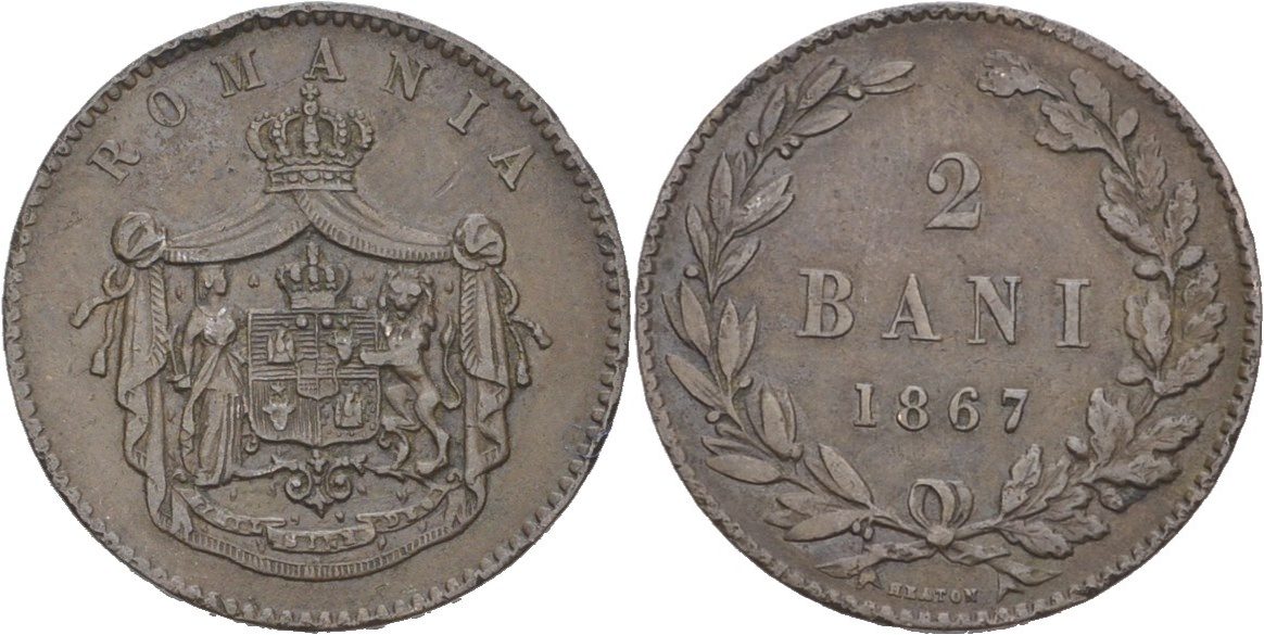 Rumänien 2 Bani 1867 HEATON Karl I. aEF | MA-Shops