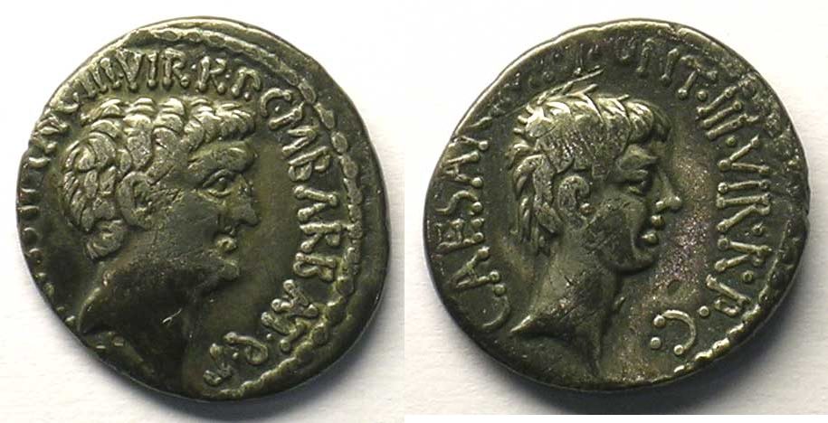 Roman republic Marc-Antoine et Octave Denarius Ephèse 41 av.JC TB+ F+ ...