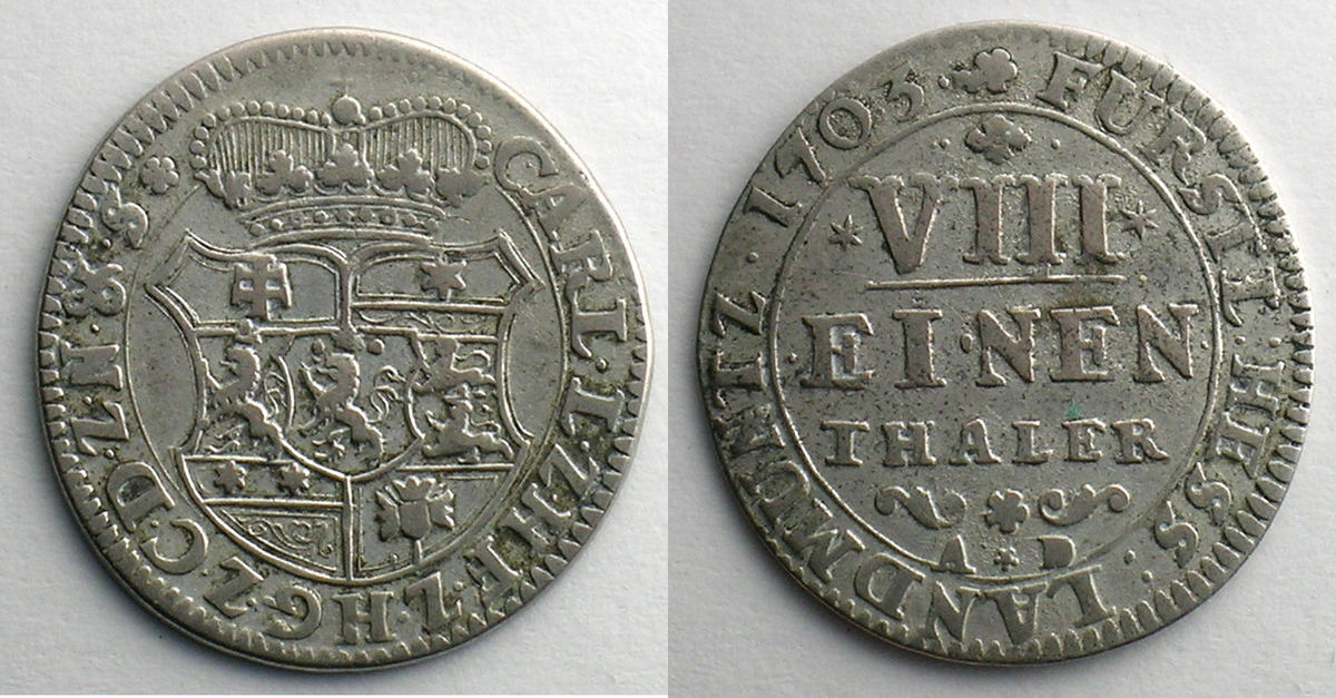 German coins Hesse-Cassel Charles (1670-1730) 1/8 Thaler 1703 TB+/TTB ...